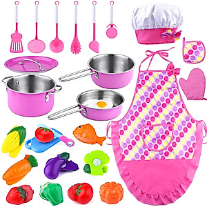 GIFTINBOX Kids Play Kitchen Accessories Set with Play Pots and Pans, Toddler Kitchen Set with Chef Apron and Hat, Birthday Gifts for Girls Toddlers Age 3-5