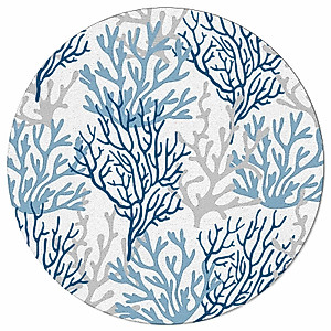 Huotupsine Navy Blue Coral Coastal Round Area Rugs, Summer Beach Non-Skid Children Playing Mat, Ocean Seaside Nautical 4ft Soft Circle Farmhouse Rugs for Living Room, Bedroom, Dining Room