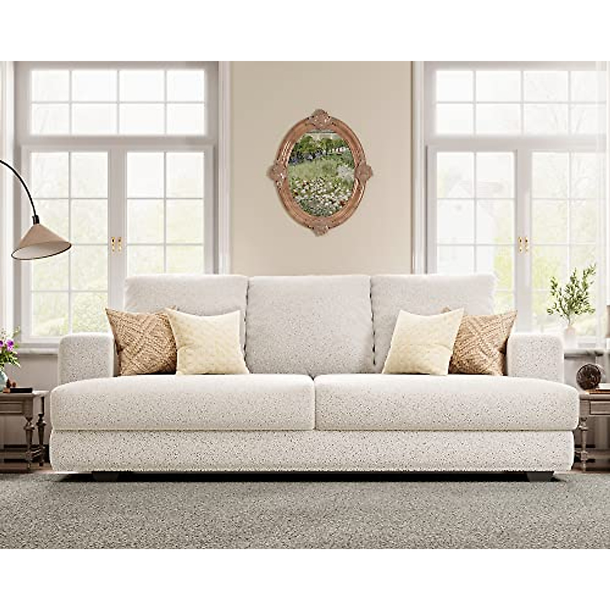 VanAcc Sofa, 3 Seater Comfy Couch Sofa- Extra Deep Seated Oversized Sofa, 97" Contemporary Couches for Living Room, Bedroom and Office (Off-White,Bouclé)