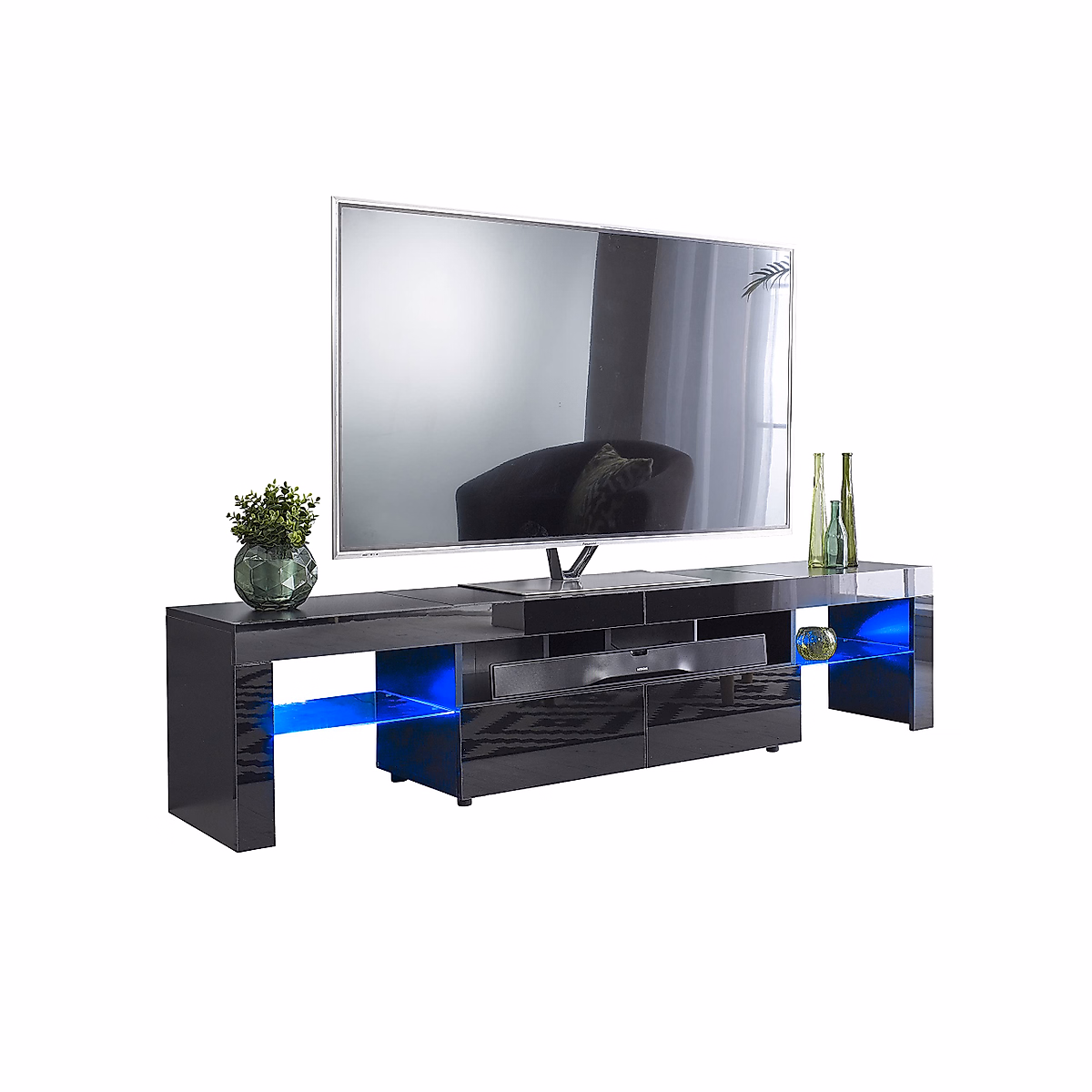 MMT Furniture Designs Ltd TV Console, TV Stand Cabinet 78" Long for 55 65 75 90 inch TV Screens – Entertainment Centre Desk with Lights - Media Shelf – Black