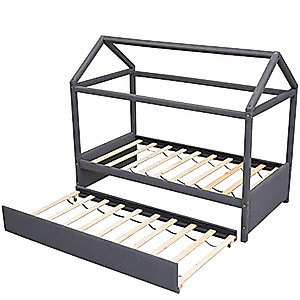 Lostcat Twin Size Upholstered House Platform Bed with Trundle,Twin Bunk Bed with Roof Design for Kids, Teens, Girls, Boys,No Box Spring Required,Grey