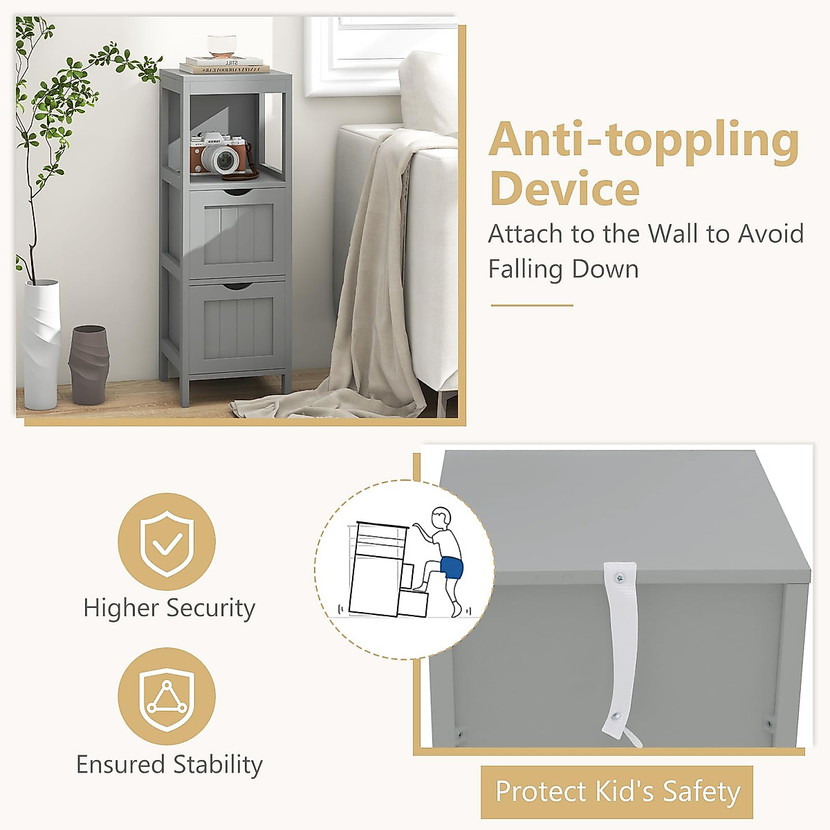 Tangkula Small Bathroom Storage Cabinet with 2 Removable Drawers, Wood Freestanding Floor Cabinet for Bathroom, Anti-Tipping Device, Side Corner Small Cabinet for Small Spaces (Grey)