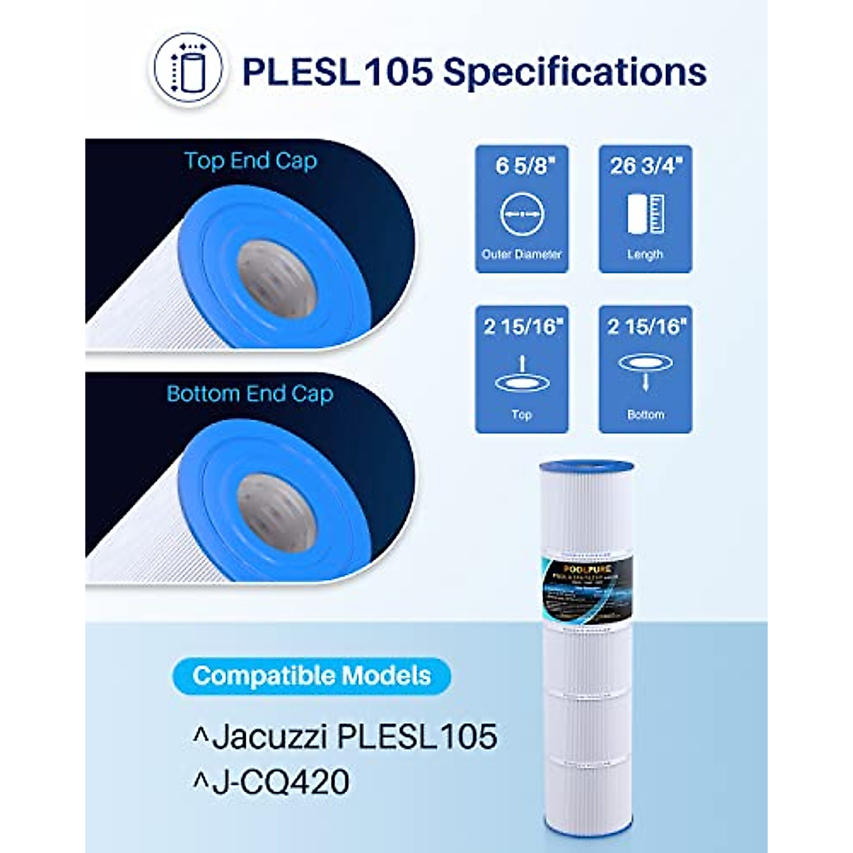 POOLPURE PLESL105 Pool Filter Replace OPT-420-4PK, Jacuzzi PLESL105, J-CQ420, QL105 Filter Cartridges 4PACK