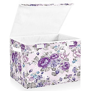 Kigai Collapsible Beautiful Purple Flowers Storage Basket with Lids and Handles,Storage Bins for Shelves Closet Bedroom,Office Storage