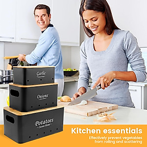 WHSUNVO 3Pcs Onion Garlic Potato Storage Box Set Carbon Steel Potato Onion Storage Bin with Vent Hole Multipurpose Vegetable Keeper Containers Potato Onion Garlic Jars Storage Canisters(Black)