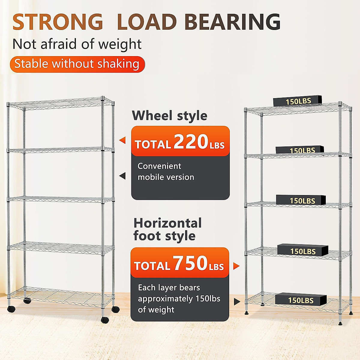 FDW Storage Shelves Adjustable Storage Rack Wire Shelf with Wheels Outstanding Load Metal 5 Tier Shelves Shelf Storage Solution for Small Spaces Multifunctional Easy Assembly,Chrome