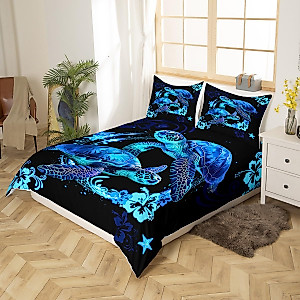 Manfei Sea Turtle Kids Duvet Cover Set Queen Size, Blue Flower Starfish Bedding Set for Boys Girls Adult Bedroom Decor, Marine Animal Theme Comforter Cover, Soft Polyester Quilt Cover, 2 Pillowcases
