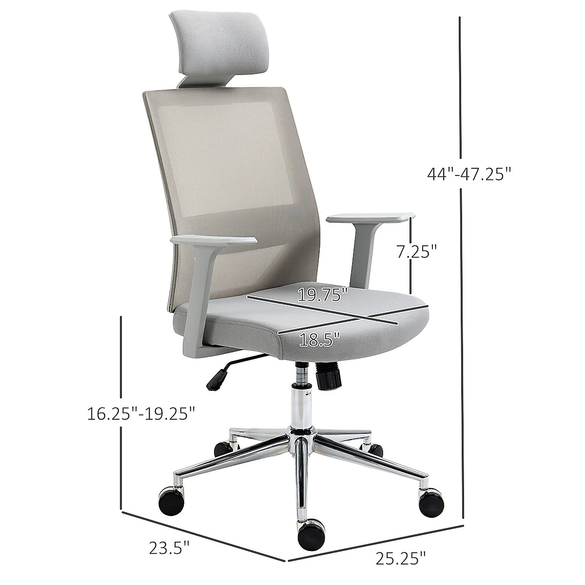 Vinsetto High Back Office Chair, Swivel Task Chair with Lumbar Back Support, Breathable Mesh, and Adjustable Height, Headrest, Grey