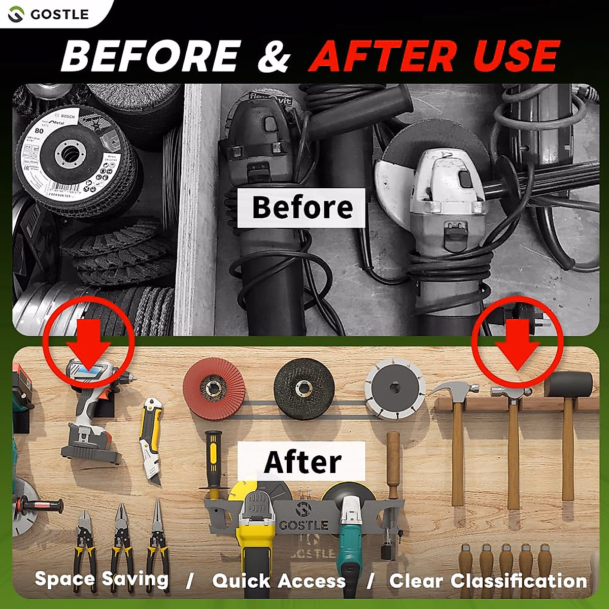 gostle 2 Bay Angle Grinder Holder with Discs Hook Rack, Grinders Power Tools Holder Storage Rack, Wall Mount Organizer Bracket for Cutters Polishers with Cord Hanger and Hooks