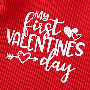 My First Valentine's Day Toddler Girls Outfits Ruffle Ribbed Long Sleeve Shirt Top Heart Print Tutu Suspenders Skirt (Red, 4-5T)
