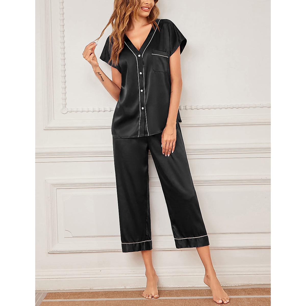 Ekouaer Satin Pajama Set Womens Short Sleeve V Neck Silky Shirt with Capri Pants Button Down PJs Soft Silky Loungewear Black XXL