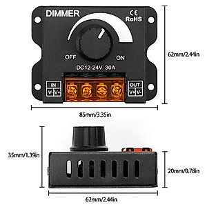 InduSKY Upgraded LED Dimmer PWM DC 12V-24V 30A Lighting Dimming Controller Single Channel + 5M 22AWG Extension Cable for Led Strips 3528 5050 Single Color + DC 12V Plugs Female Connector