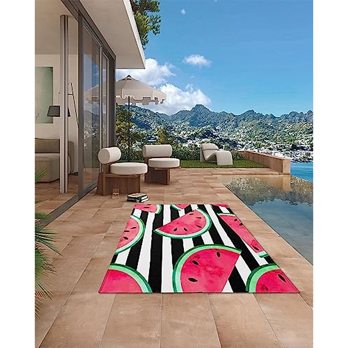Outdoor Rug Waterproof Outdoor Patio Rug Outdoor Area Rug Mats RV Camping Rugs Outdoor Carpet Tropical Fruit Watermelon Pink Summer Stripe Black and White Background 4x6 Feet
