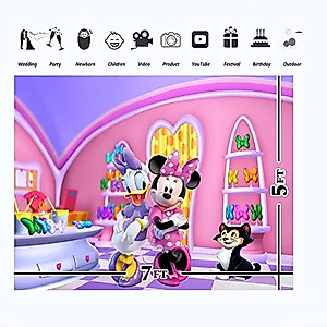 Moonlight Studio Minnie Mouse and Daisy Bowtique Backdrop 7x5 Happy Birthday Minnie Mouse and Daisy Duck Background for Girls 2nd Birthday Vinyl Minnie Mouse Bowtique Birthday Party Supplies