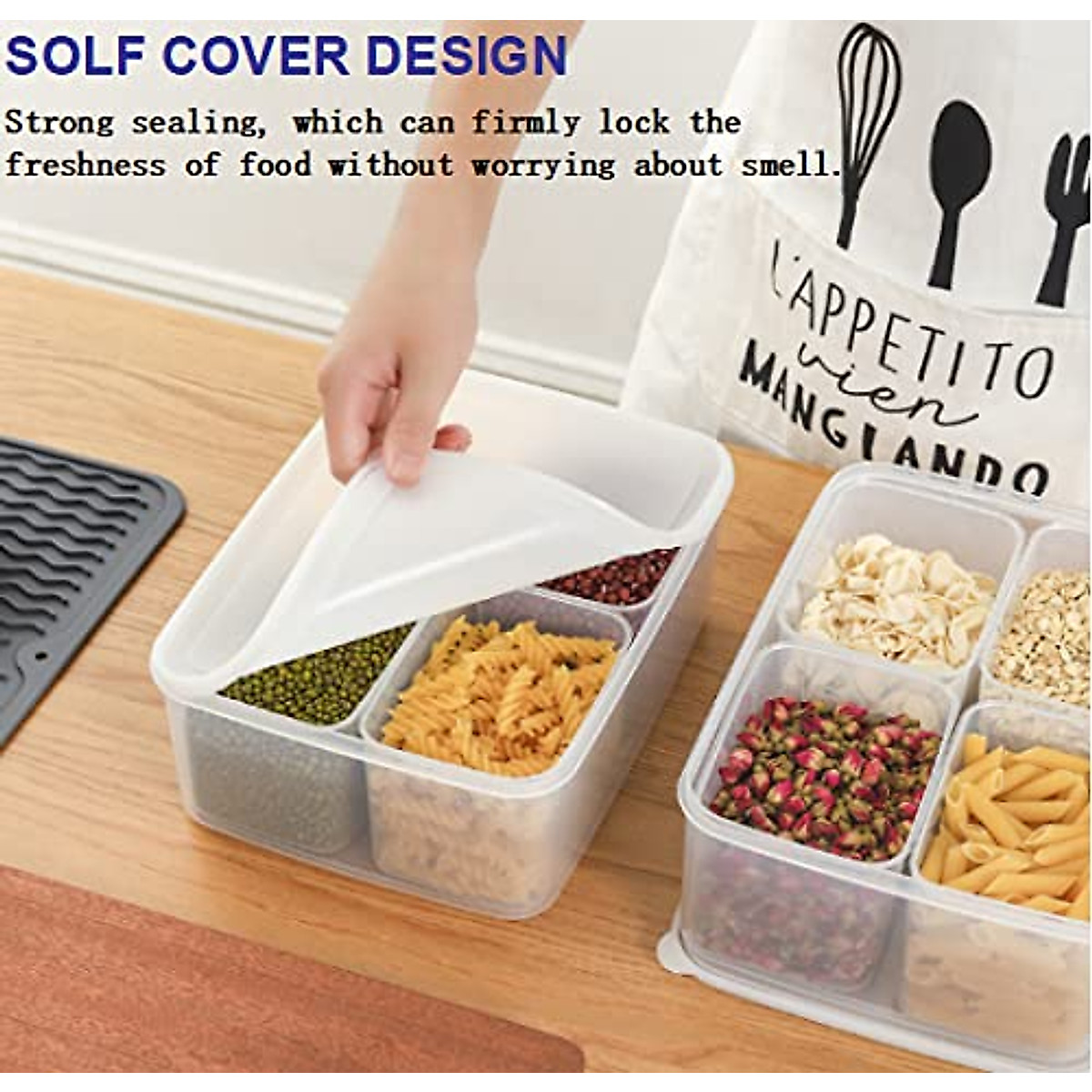 KNC Food Storage Containers with Lids Airtight,Reusable Fresh Produce Fruit Storage Organizer, Refrigerator Food Fresh Box with 4 detachable small boxes for Storing Fish, Meat, Vegetables,Grain