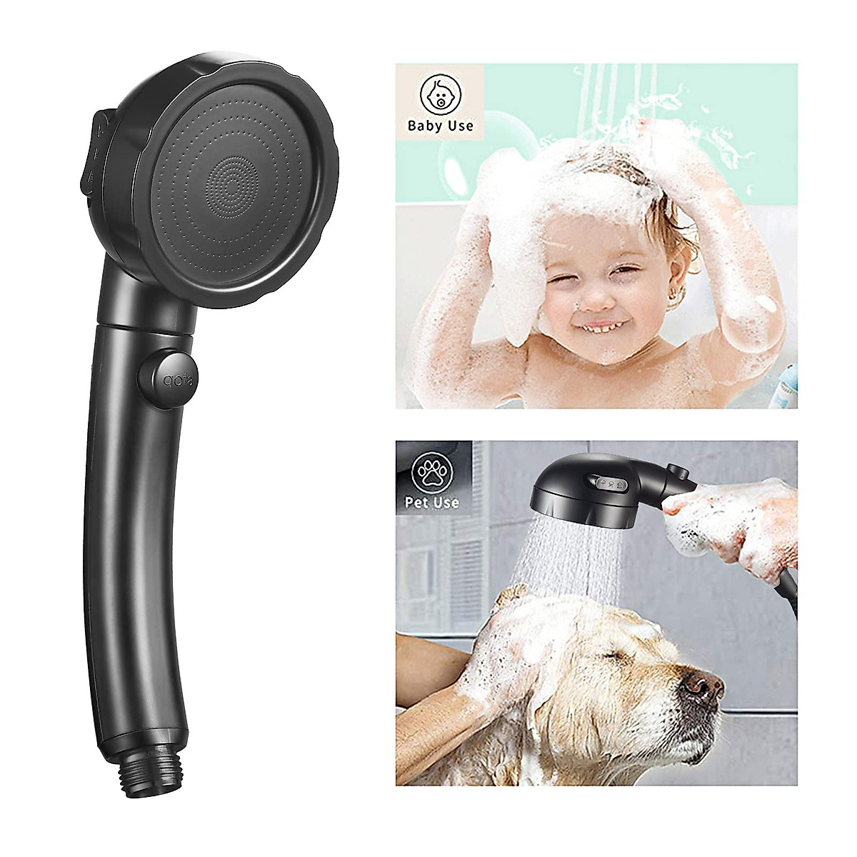 KAIYING Drill-Free High Pressure Handheld Shower Head with ON/OFF Pause Switch 3 Spray Modes Water Saving Showerhead, Detachable Puppy Shower Accessories (N:Shower Head (Black)+Bracket+Hose)