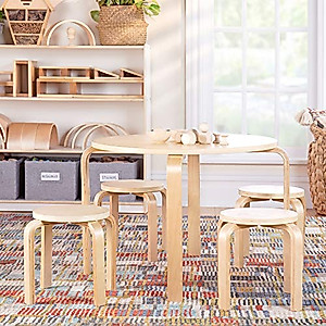 Guidecraft Nordic Table and Chairs Set for Kids: Natural - 4 Stacking Bentwood Stools with Curved Wood Activity Table - Children's Modern Kitchen, Playroom and Classroom Furniture