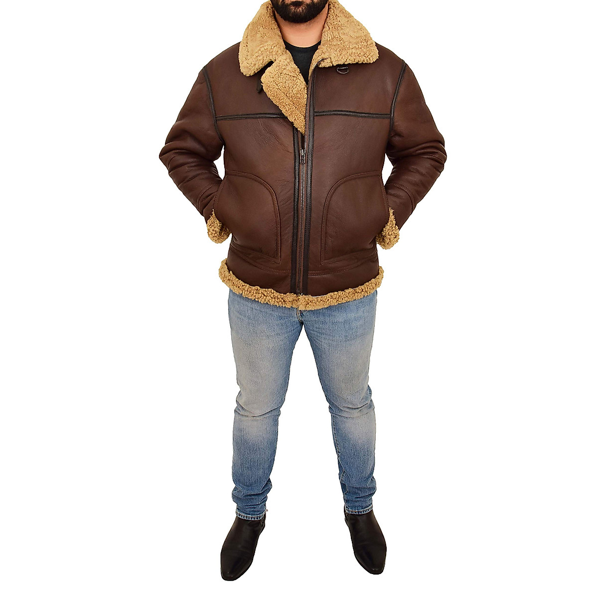 A1 FASHION GOODS Mens Brown Real Sheepskin B3 Flying Bomber Jacket Shearling Aviator Pilot Coat Larry (XXX-Large)