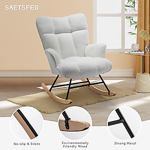 SAETSFEG Nursery Rocking Chair Teddy, Upholstered Glider Rocker with High Backrest, Comfortable Stylish Accent Armchair with Padded Seat for Living Rooms, Bedrooms, White