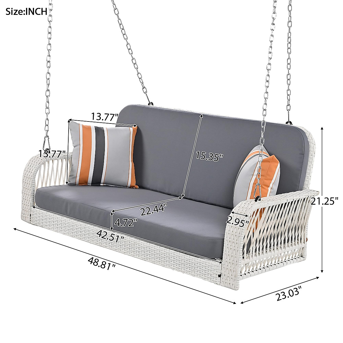 XD Designs Modern PE Wicker Porch Swing, 2-Seater Hanging Bench, 2 Person Front Hanging Porch Swing Bench with Chains, Cushion, Pillow for Backyard Garden Poolside, Max 500 Lb (White-FM)