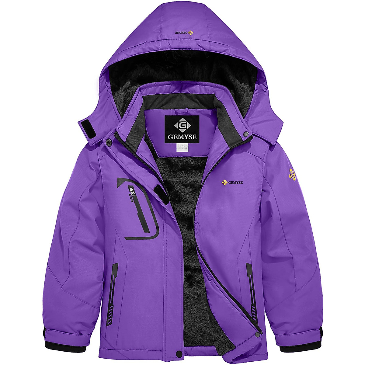 GEMYSE Girl's Waterproof Ski Snow Jacket Fleece Windproof Winter Jacket with Hood (Purple,14/16)