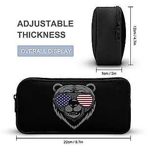 Bear US Flag Sunglasses Pencil Case Stationery Pen Pouch Portable Makeup Storage Bag Organizer Gift