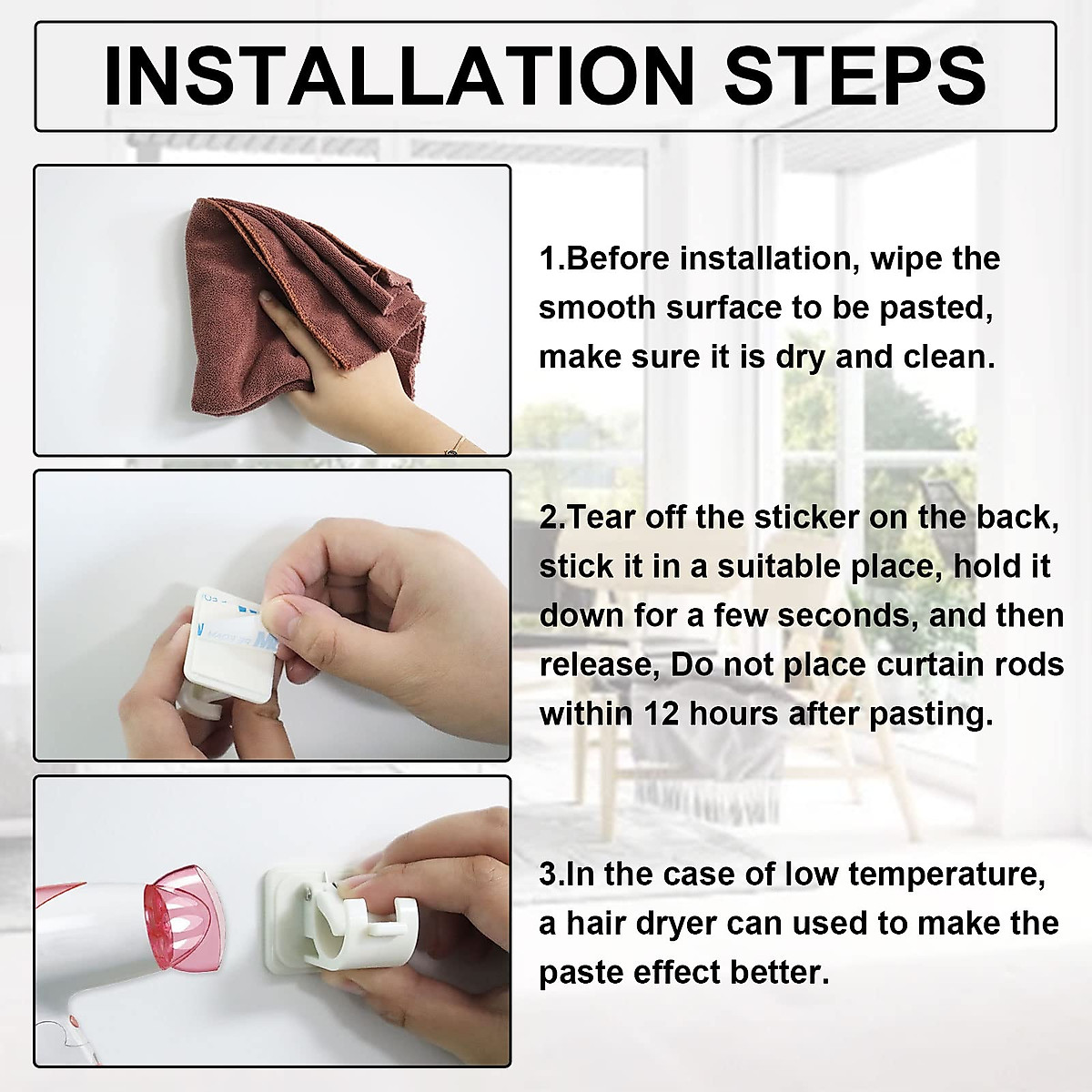 zybest Self Adhesive Curtain Rod Bracket Holder,8pcs No Drill Curtain Rod Bracket Wall Mount Holder for Home Bathroom Hanging net Curtain,Party, Garden Decoration