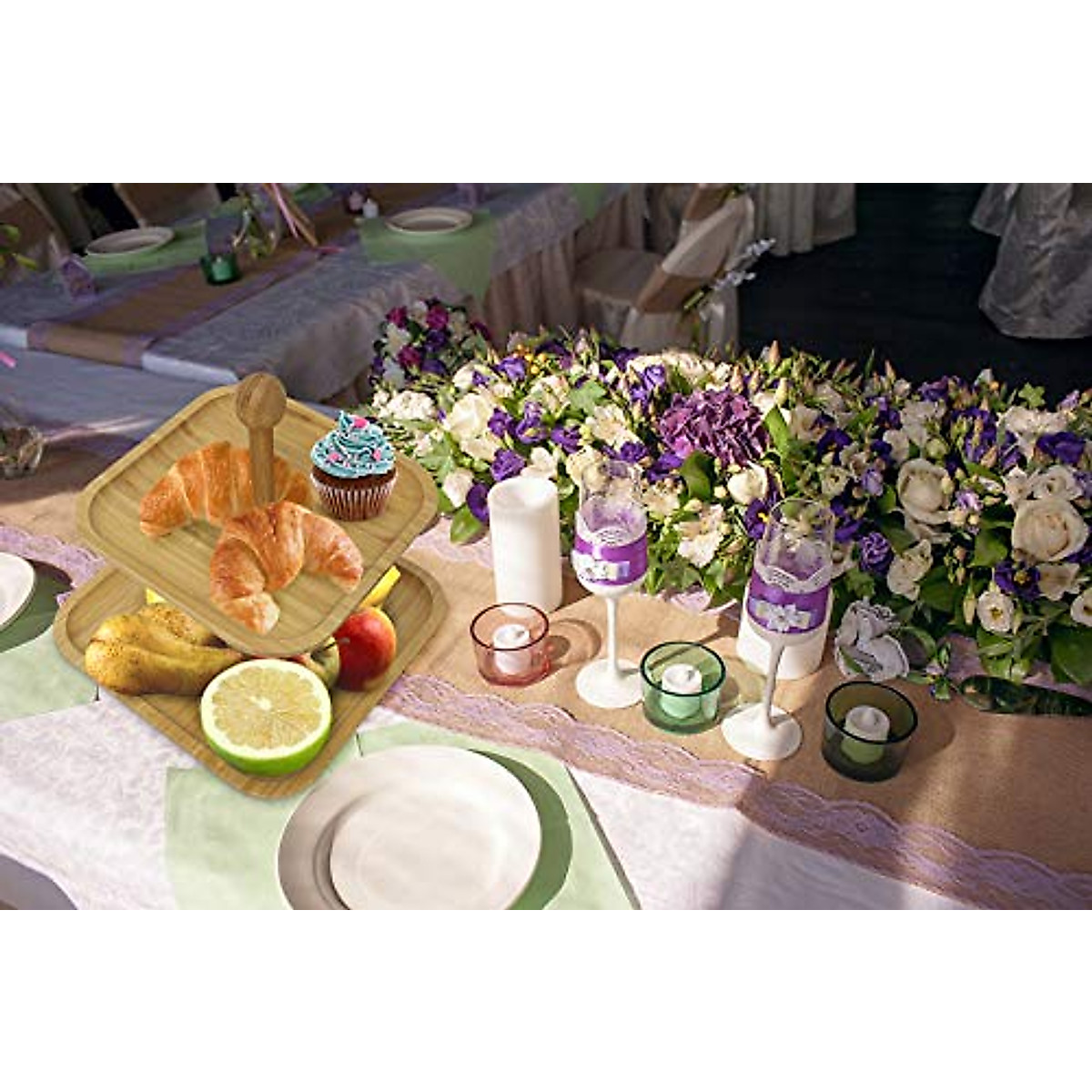 Decorative 2-Tier Square Bamboo Serving Tray with Wooden Handle - Cupcake Stand - Home Decor for Kitchen Counter, Dining Room Table, and Coffee Bar - 9.5" x 9.5" x 10"