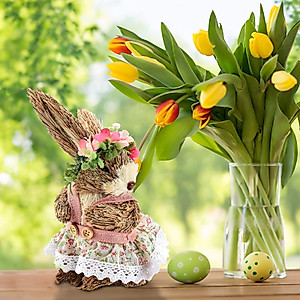 YIREAUD 1 Pcs Easter Straw Rabbit Easter Bunny Figurine Decoration Easter Bunny Statue Artificial Animal Model Sculpture Standing Straw Woven Bunny Ornament for Home Garden Spring Decor