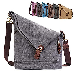 AmHoo Canvas Crossbody Bag for Women Genuine Leather Messenger Purse Handbags Shoulder Bag Hobo Totes Gray