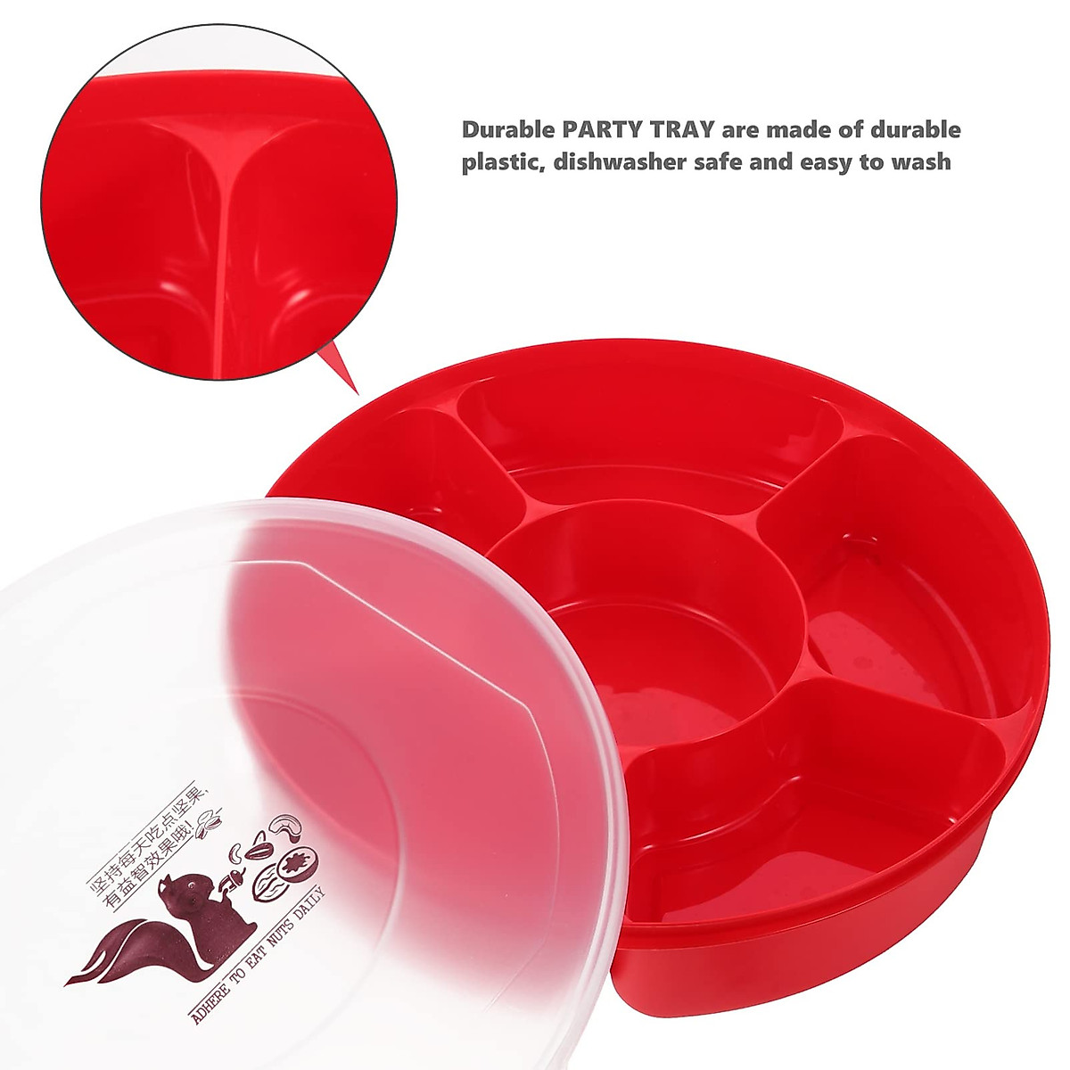 DOITOOL Candy and Nut Serving Container Divided Food Tray Snacks Plate Plastic Snack Serving Tray with Lid 6 Compartment Round Appetizer Food Organizer Red