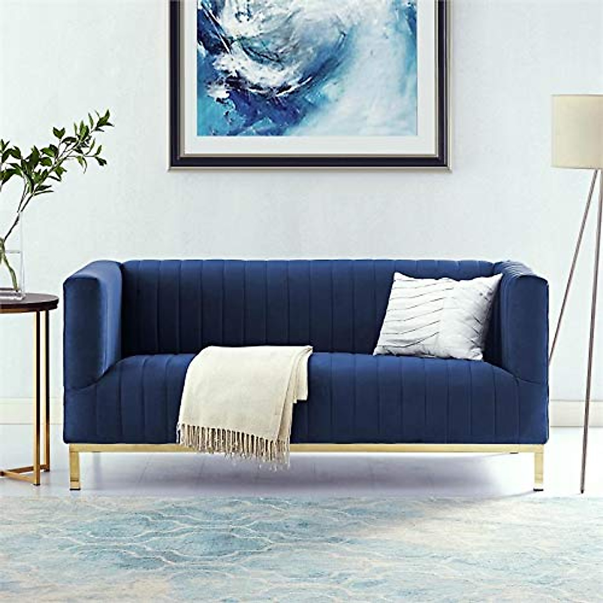 Posh Living Hayden Velvet Tuxedo Loveseat with Y-Metal Base in Navy Blue/Gold