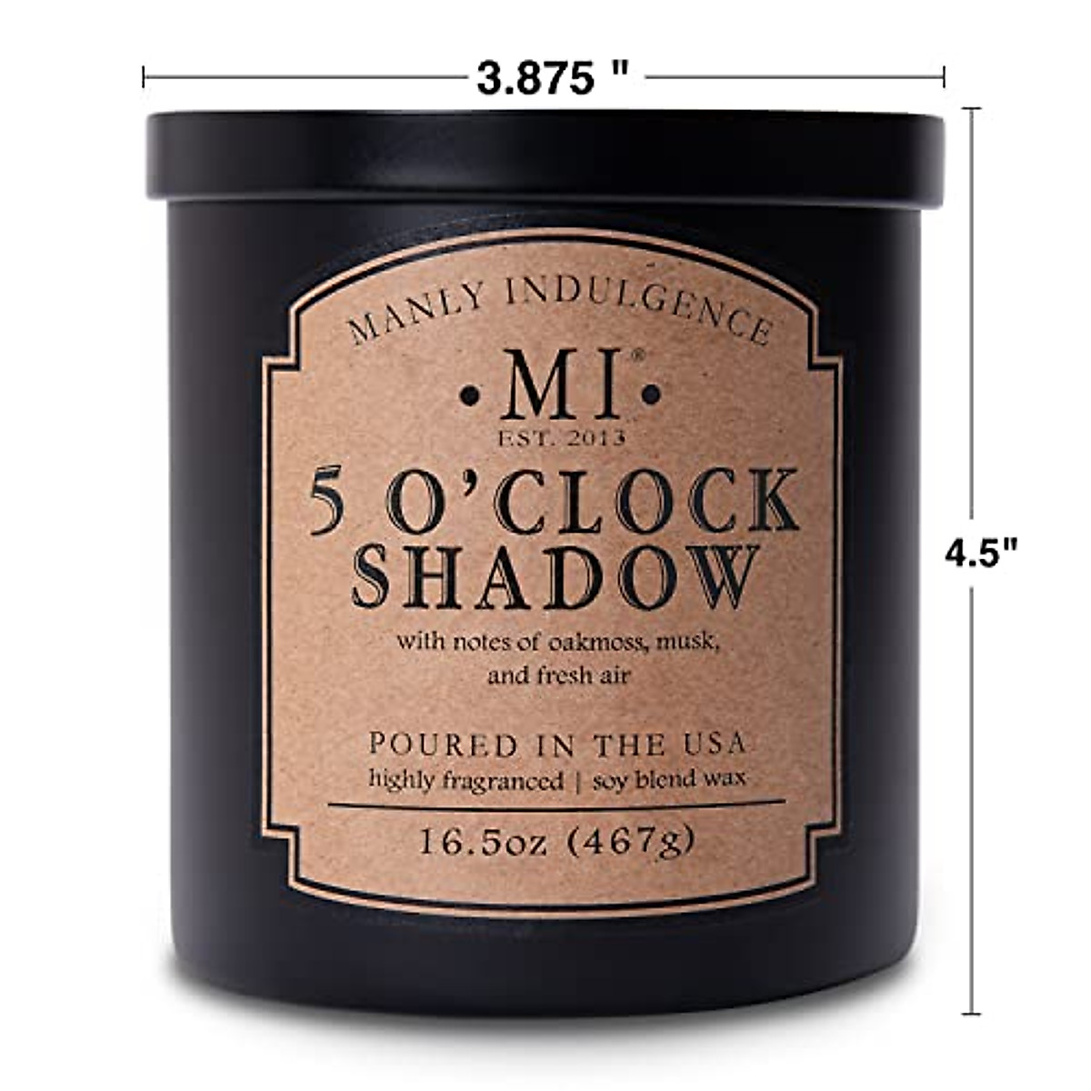 Manly Indulgence 5 O'Clock Shadow Scented Candle for Men 16.5 oz | 2 Wick & 2X Intense Fragrance | Oakmoss, Musk & Fresh Air | Up to 60 Hour Burn, Soy Blend Wax, USA Poured, Black