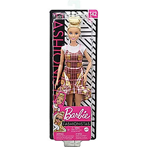 Barbie Fashionistas Doll #142 with Blonde Updo Hair Wearing Pink & Golden Plaid Dress, White Sneakers & Earrings, Toy for Kids 3 to 8 Years Old