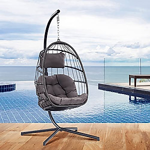 Egg Chair with Stand - Patio Rattan Wicker Hanging Swing Egg Chair Hammock Chair for Indoor Outdoor Bedroom Garden - Aluminum Steel Frame and UV Resistant Cushion 350LBS Capacity (Dark Grey)