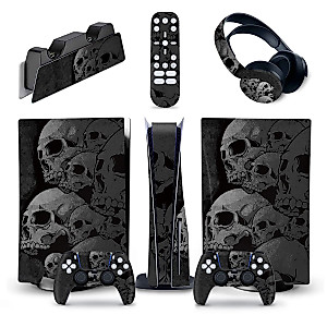 Full Body Vinyl Skin Sticker Decal Cover for PS5 Disc Version Controller & Charging Station & Headset & Media Remote - Black Skull