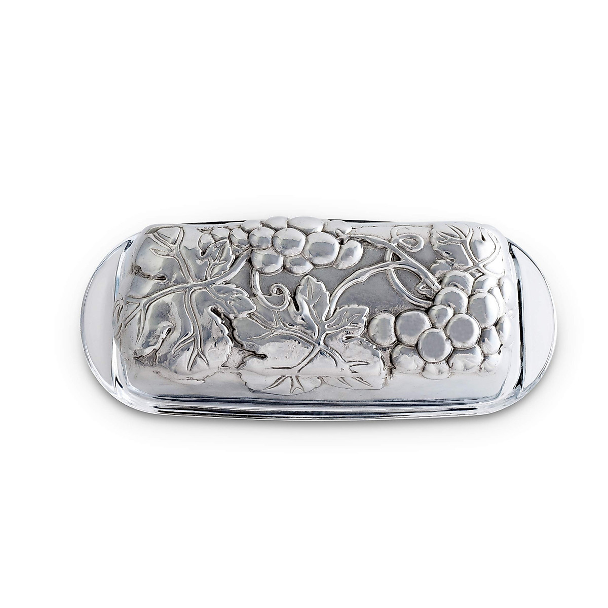 Arthur Court Designs Aluminum Grape Covered Butter Cream Cheese Dish Container Keeper Hand Polished Tarnish Free Artisan Quality with glass dish 7 inch Long