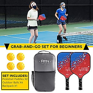 A11N HyperFeather R Pickleball Paddles Set of 2 for Beginners with 4 Outdoor Balls and 1 Backpack, Blue/Red