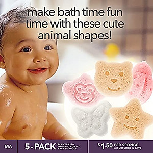 Konjac Baby Sponge for Bathing | Natural Cute Shapes | Kids Bath sponges for Infants | Toddler Bath time | Safe Organic Plant-Based | 5pcs Set : Bear, Monkey, Butterfly, Ladybug, Star