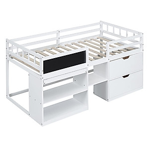Harper & Bright Designs Twin Size Low Loft Bed with Storage Shelves and Drawers, Wooden Twin Size Loft Bed with Rolling Desk and Chalkboard, for Kids Teens Girls Boys - White