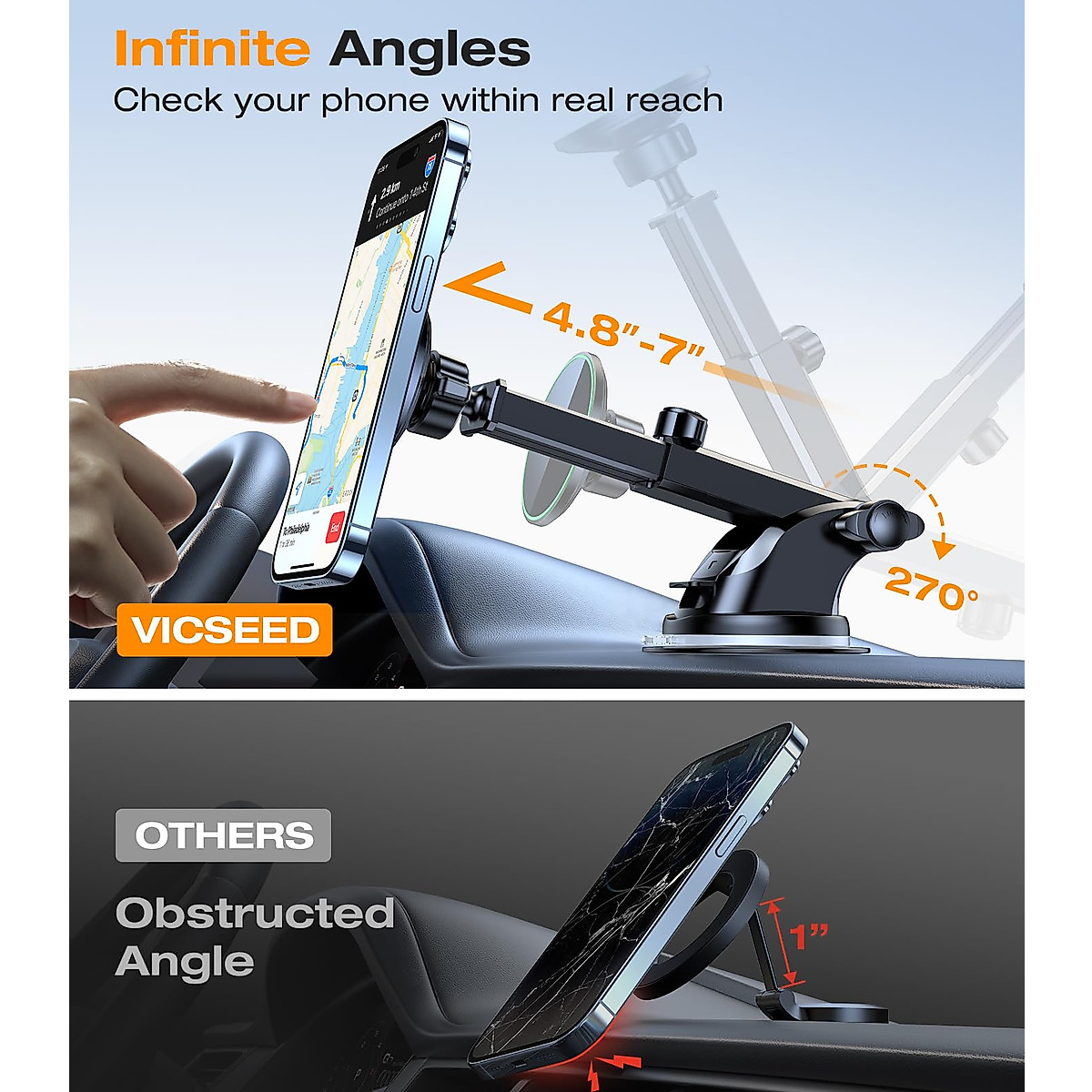 VICSEED for MagSafe Car Mount Dash - [8lbs Powerful Magnets][Long Arm Adjustable] Magnetic Phone Holder for Car Phone Mount for Car 3 in 1 Car Phone Holders for iPhone 15/14/13/12 All Phones