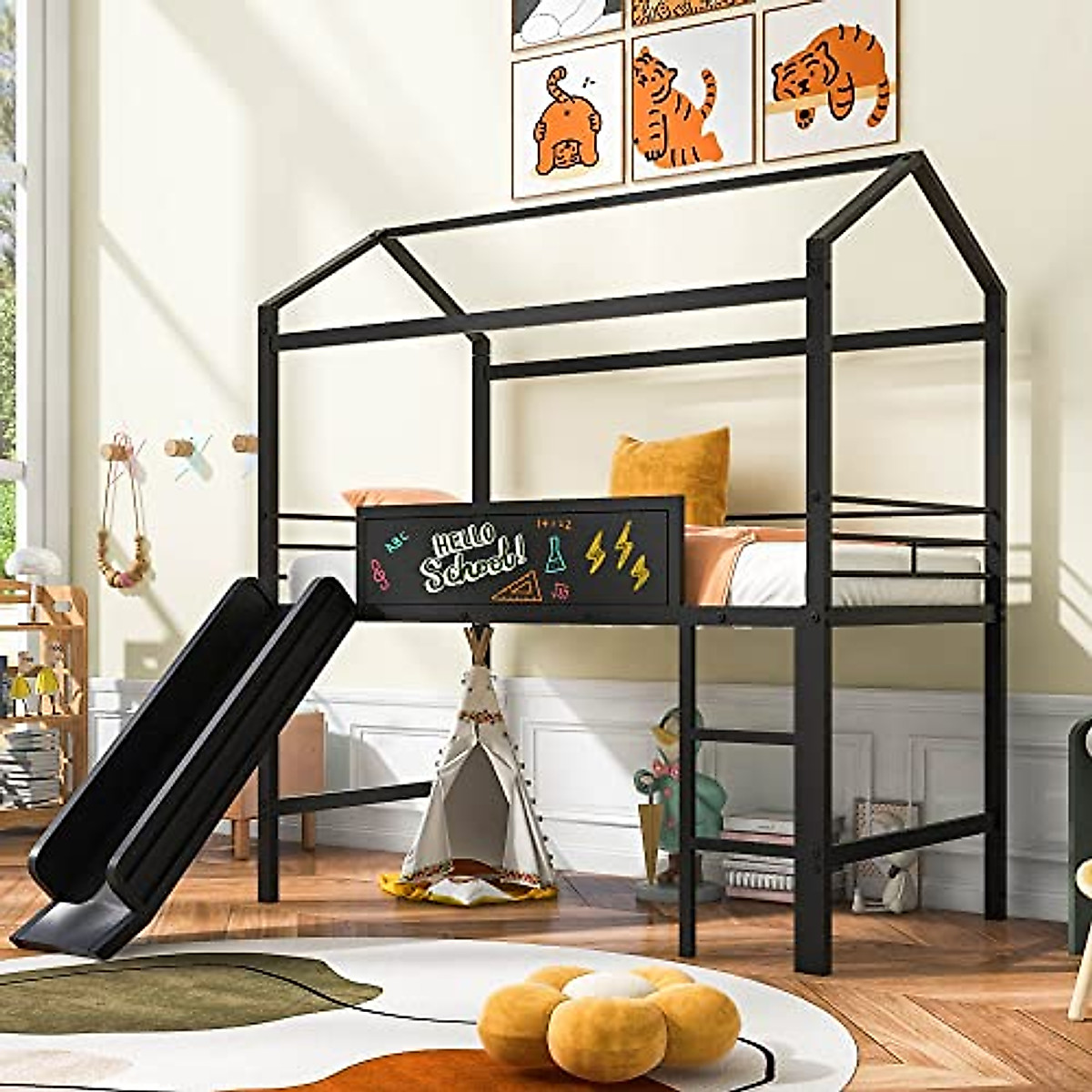 BOVZA Twin Size House Loft Bed with Slide and Ladder, Metal Loft Bed Frame with 2 Sided Writable Wooden Board and Roof for Kids Boys Girls Bedroom, Black