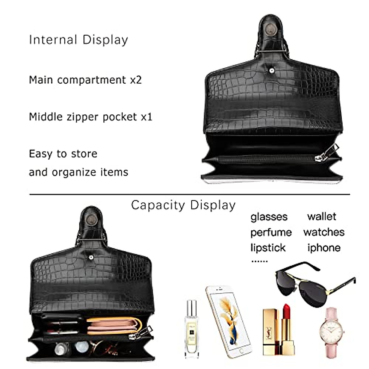 DEEPMEOW Women's Trendy Chain Purse Designer Handbag - Crocodile Print PU Leather Shoulder Bag Small Square Purse Crossbody Evening Bag for Holiday Friend Gift (Small, Black)