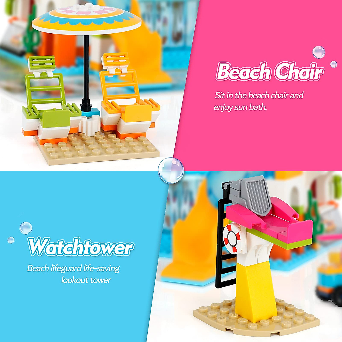Building Set for Girls Friends Set Summer Swimming Pool Building Toys Water Park Building Blocks Playset Includes Ice-Cream Car, Shower Room, Christmas Birthday Present Gift for Kids Girls 6-12