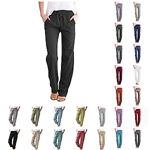 Uillui Pants for Women Casual Comfortable Straight Cotton Linen Elastic Waist Slacks Trousers Loose Fit Wide Leg A03_black