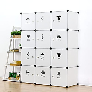 UNICOO - Multi Use DIY Plastic 12 Cube Organizer, Toy Organizer, Bookcase, Storage Cabinet, Wardrobe Closet White with Door Sticker (Deeper Cube - White)