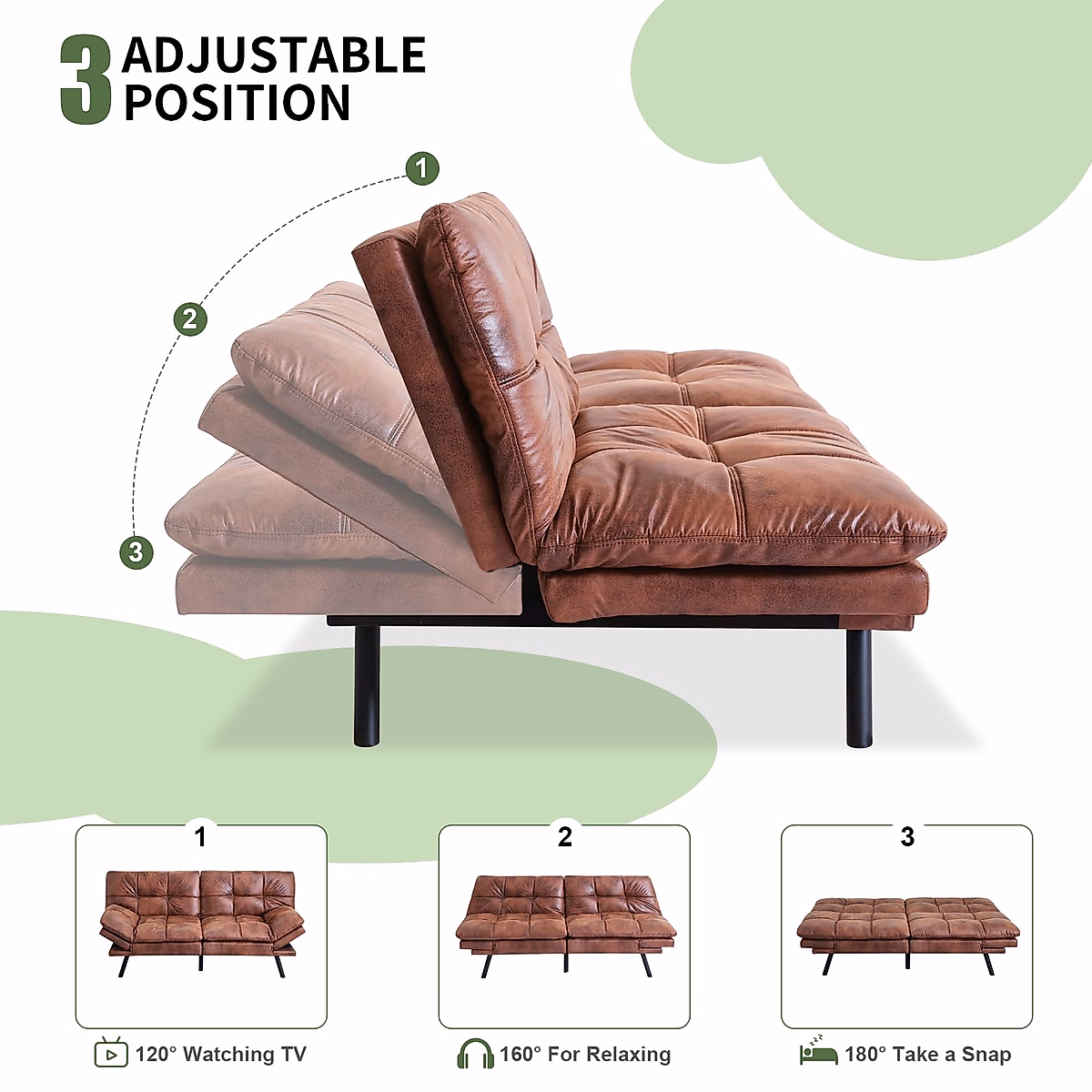 MUUEGM Futon Sofa Bed, Convertible Memory Foam Sleeper Couch,Modern Faux Leather Folding Love seat for Living Room,Small Space,Apartment,Office,Dorm,Adjustable Backrests Armrests 71" Sofa Bed, Brown