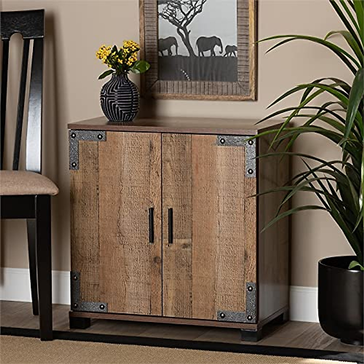 BOWERY HILL Finished Wood 2-Door Shoe Cabinet in Rustic Brown