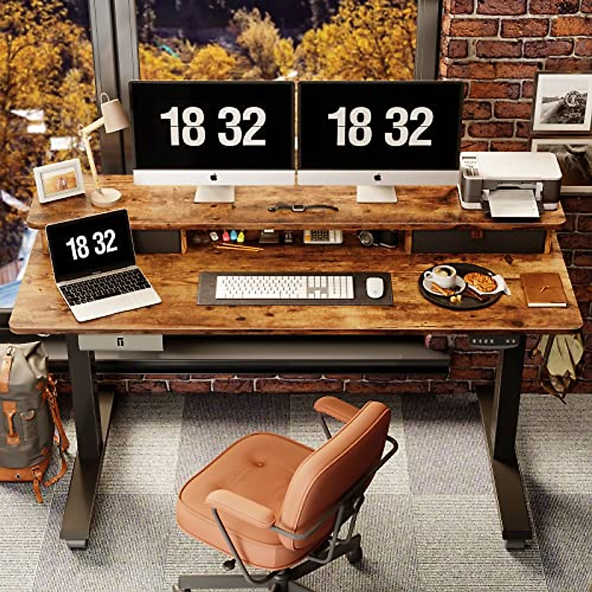 FEZIBO Height Adjustable Electric Standing Desk with Double Drawer, 60 x 24 Inch Stand Up Table with Storage Shelf, Sit Stand Desk with Splice Board, Black Frame/Rustic Brown Top