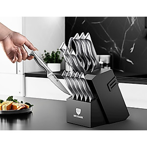 BRODARK Knife Set with Block, 15 Pieces Knife Block Set with Built-in Sharpener, One-Piece Stainless Steel Kitchen Knife Set, Razor Sharp Chef Knife Set, Shark Series